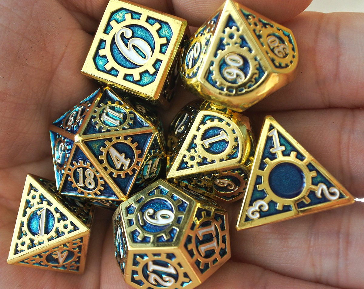 Metal DND Dice SetDragon And Dungeon Golden edge blue gear | Etsy