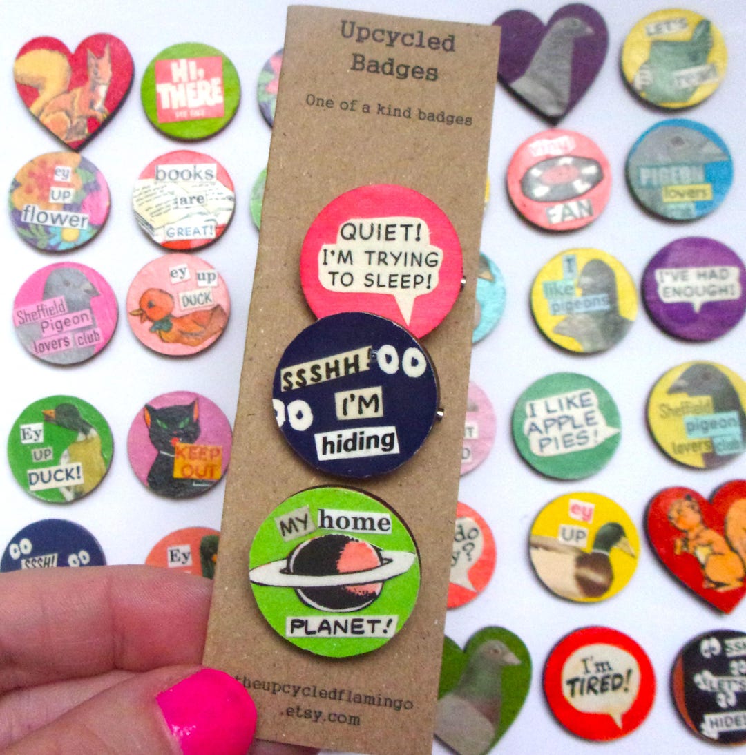 Upcycled Comic Book Badge Set: 3 Eco Friendly Pin Badges. I'm Trying to ...