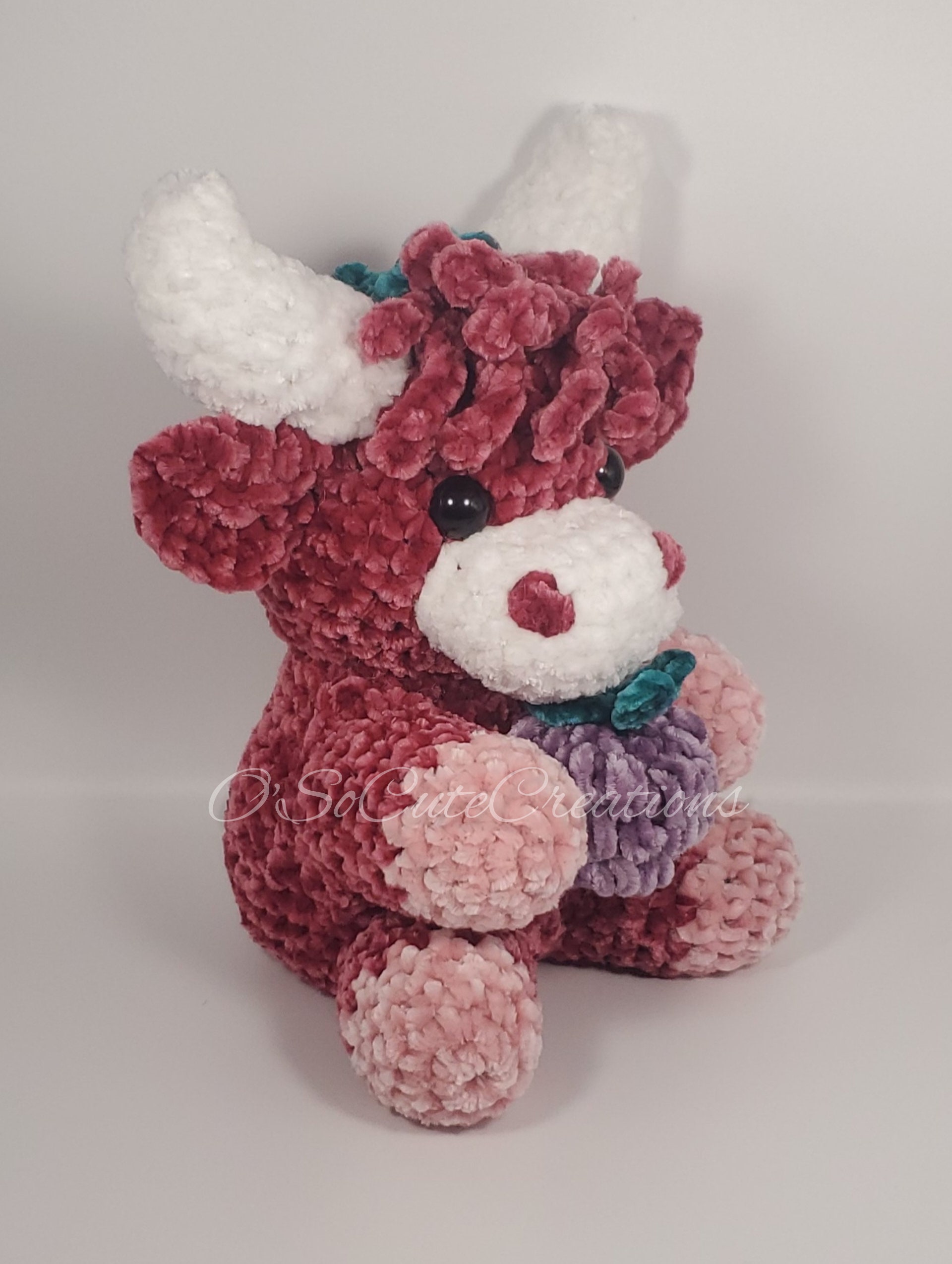 Raspberry Highland Cow Plush, Crochet Cow Plushie, Cute Amigurumi Cow ...