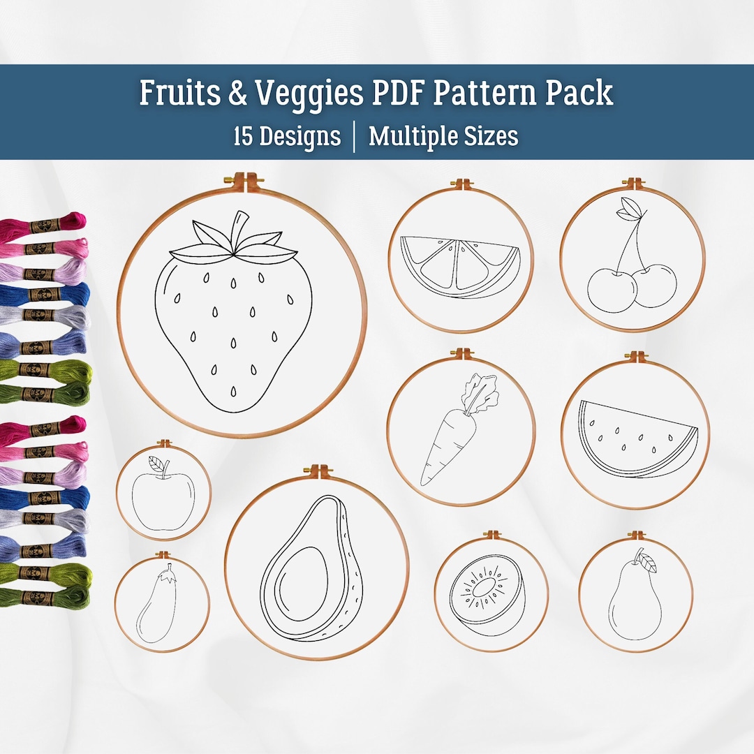 PDF Hand Embroidery Pattern Pack, Fruit, Vegetable, Strawberry, Avocado ...