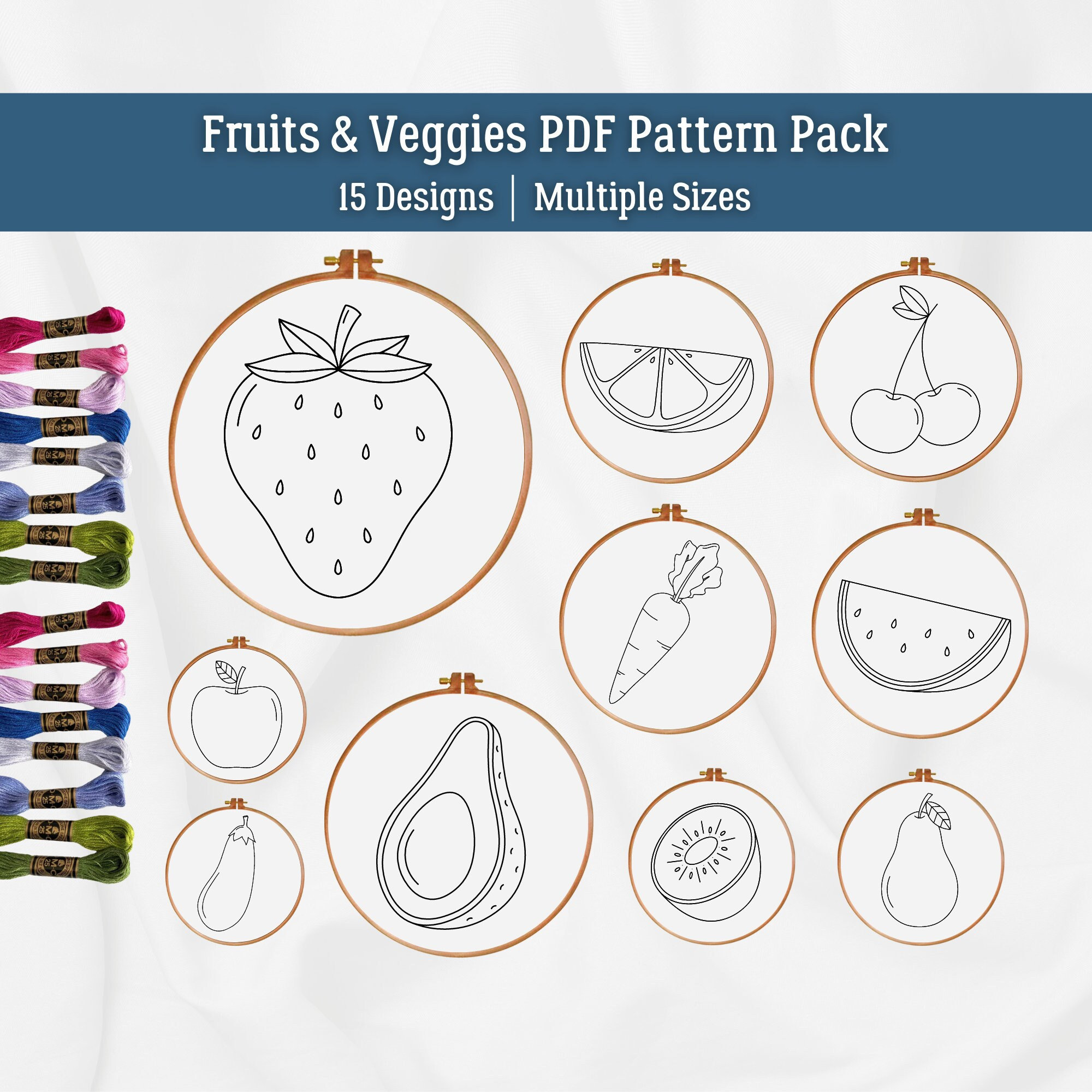 PDF Hand Embroidery Pattern Pack, Fruit, Vegetable, Strawberry, Avocado ...