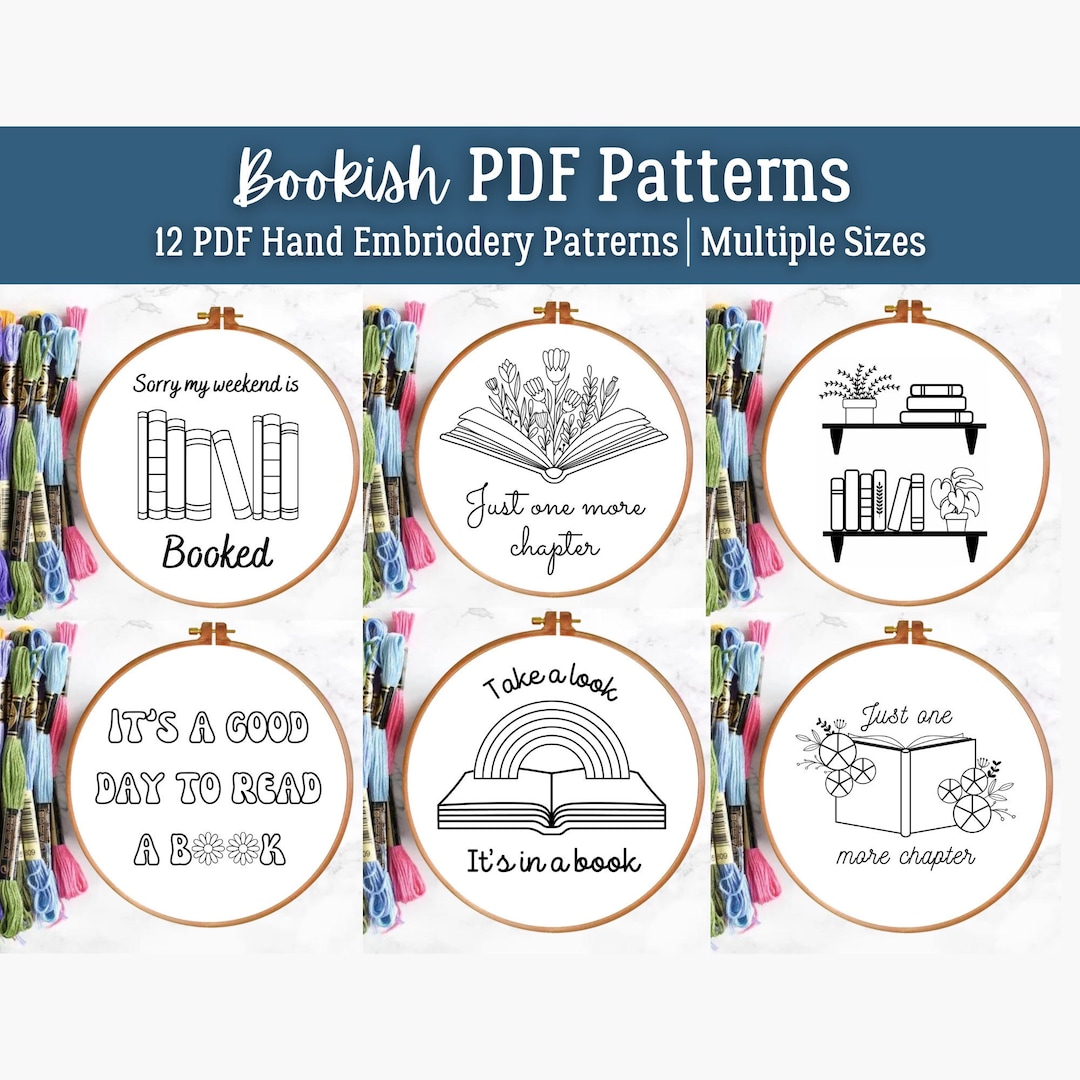 PDF Embroidery Pattern Pack, Bookish, Book Lover, 12 Designs, Multiple ...