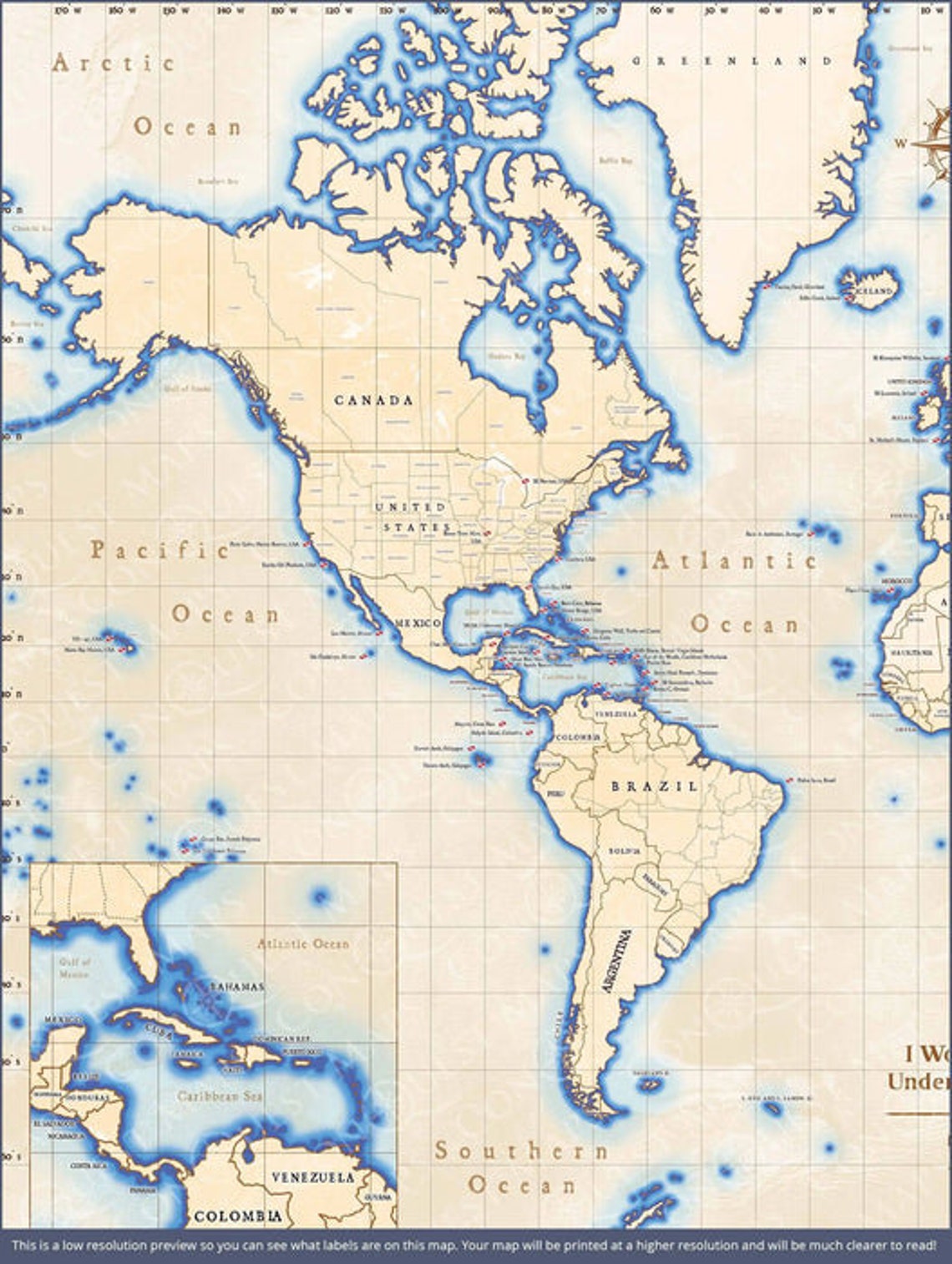 World Push Pin Scuba Map - Pin Board - White and Blue - Gift for Scuba ...