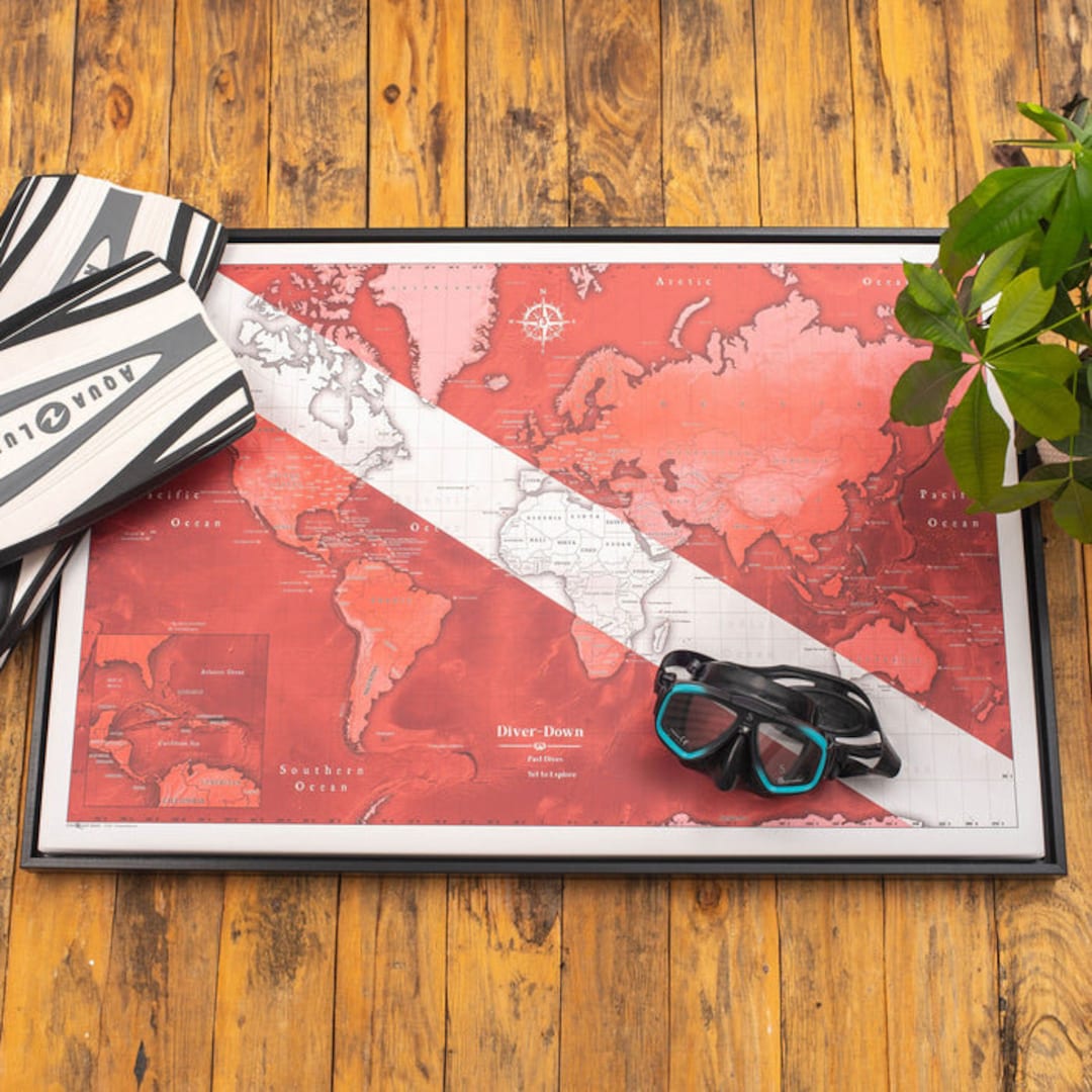 World Push Pin Scuba Map - Pin Board - Red and White - Gift for Scuba ...