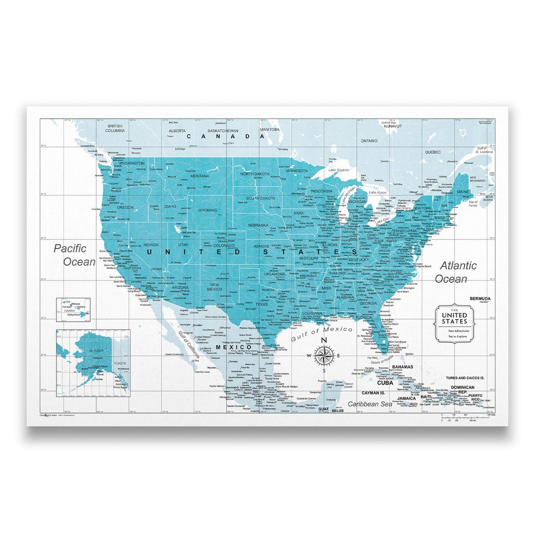 Push Pin USA Map (pin Board) - Teal Color Splash - Etsy