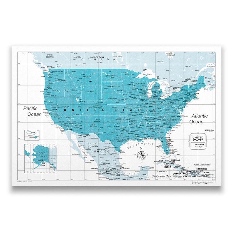 Push Pin USA Map (pin Board) - Teal Color Splash - Etsy