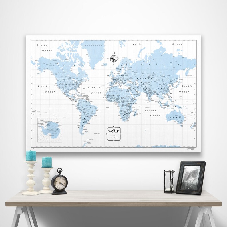 Push Pin World Map pin Board Light Blue Color Splash | Etsy