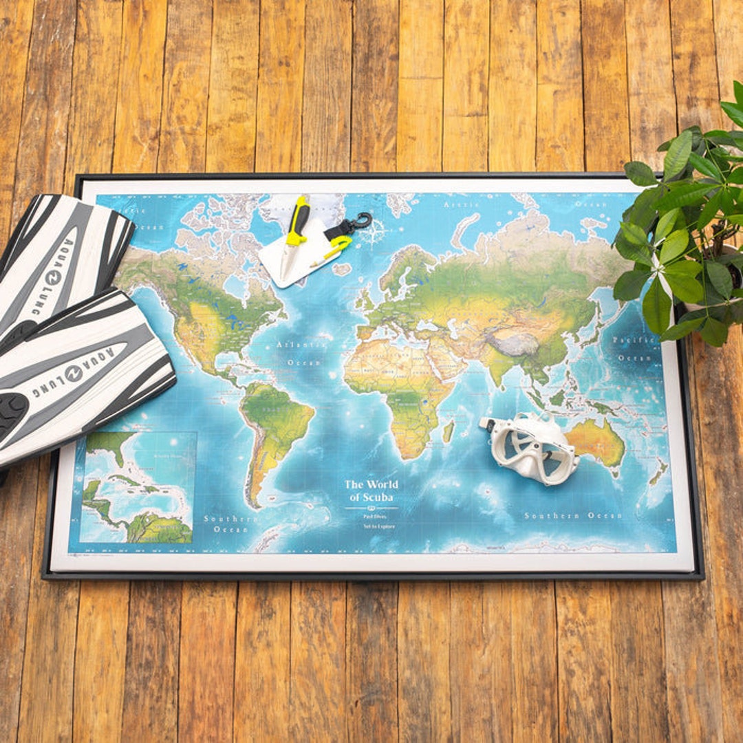 World Push Pin Scuba Map - Pin Board - Blue and Tan - Gift for Scuba ...