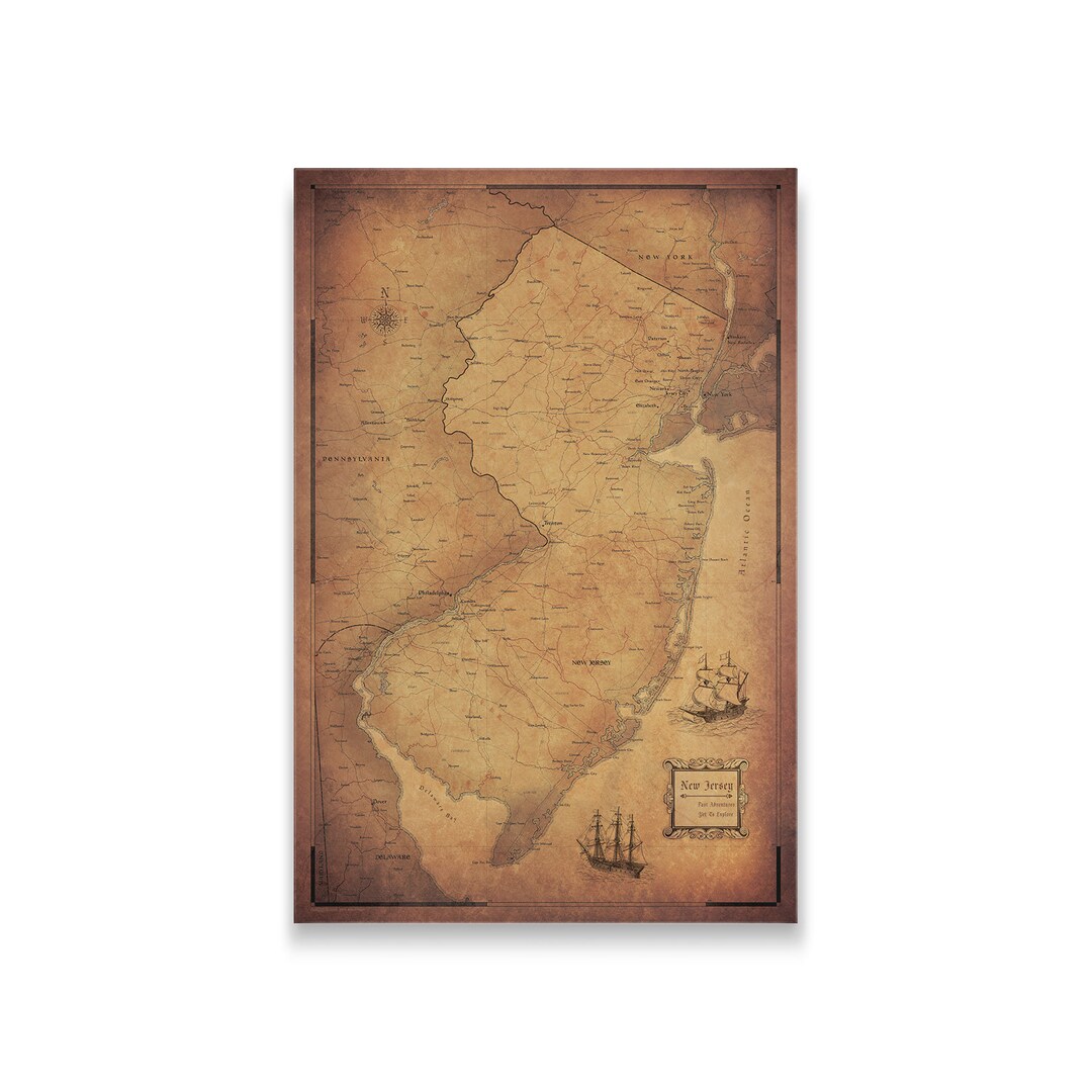 New Jersey Map Poster Golden Aged Style Travel Map - Etsy