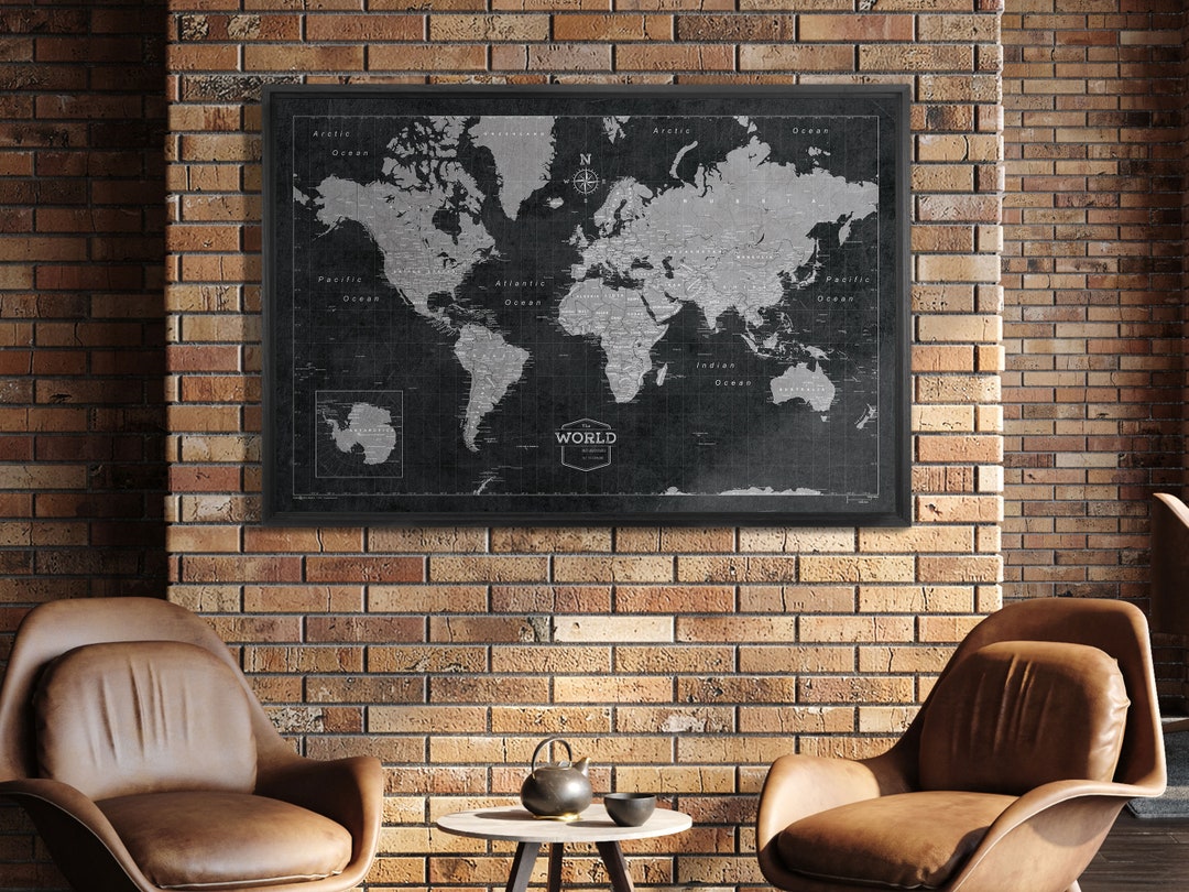 World Push Pin Travel Map Pin Board - Modern Slate Minimalist Black ...