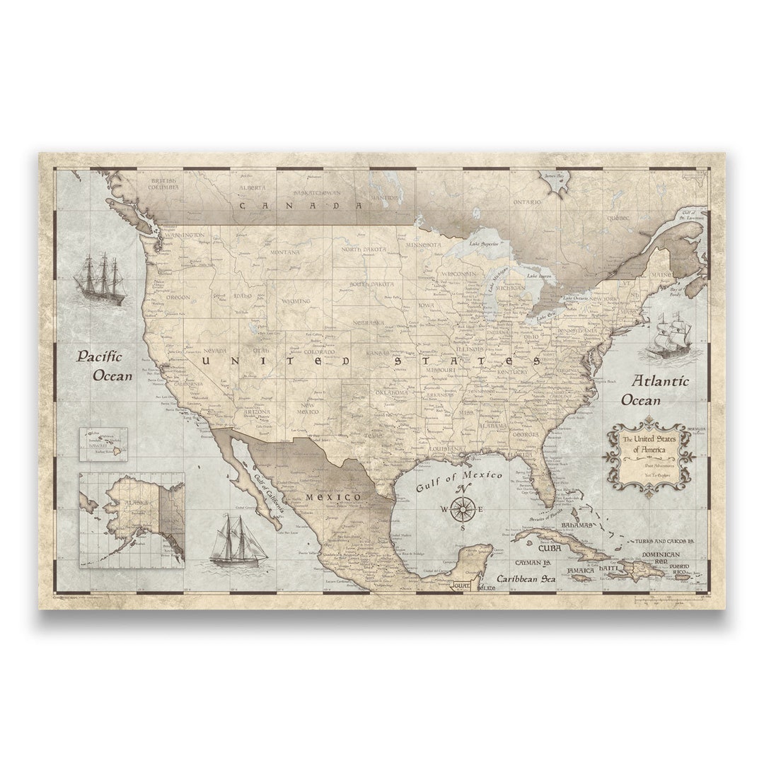 Push Pin USA Travel Map - Rustic Vintage Cork Pin Board Canvas Map - Etsy
