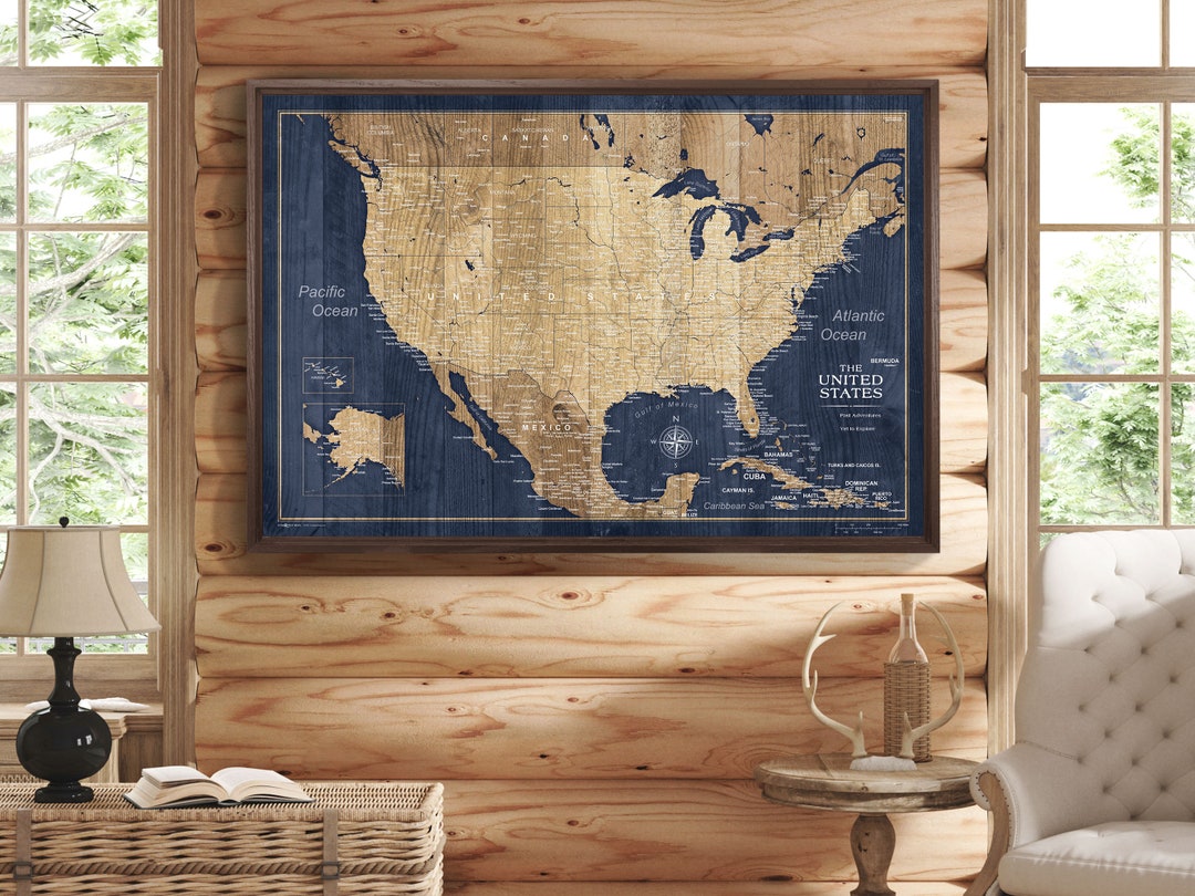 Push Pin USA Travel Map - Pin Board or Poster - Canvas Navy Blue and ...