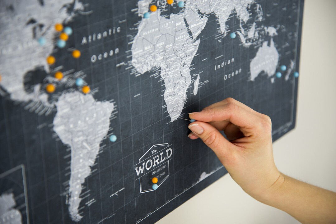 Push Pin World Map Modern Personalized Cork Canvas Gift modern Slate ...