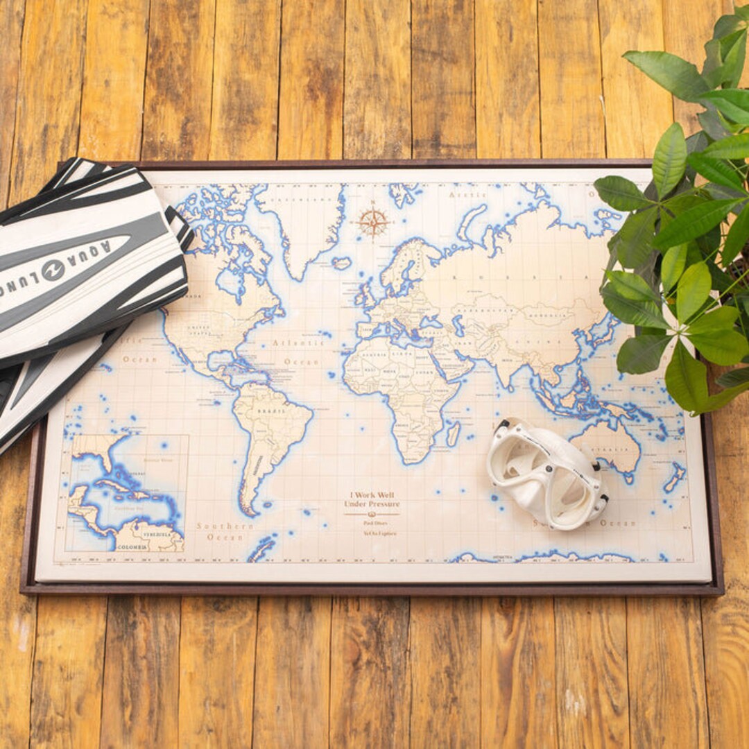 World Push Pin Scuba Map - Pin Board - White and Blue - Gift for Scuba ...