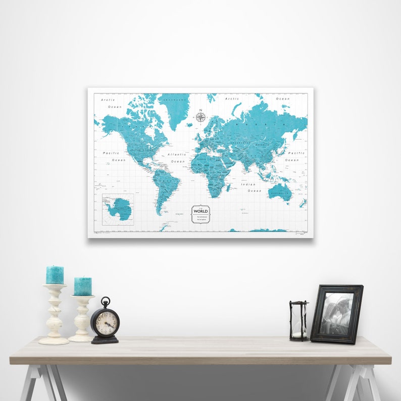 Push Pin World Map pin Board Teal Color Splash | Etsy
