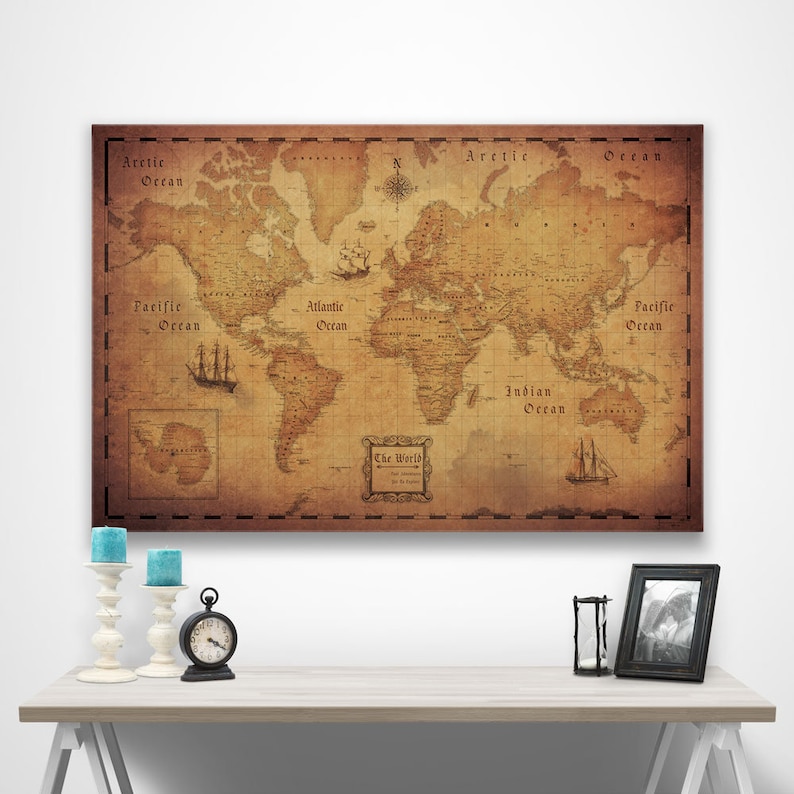 Antique World Travel Map Poster - Golden Aged Style Modern Map - Etsy