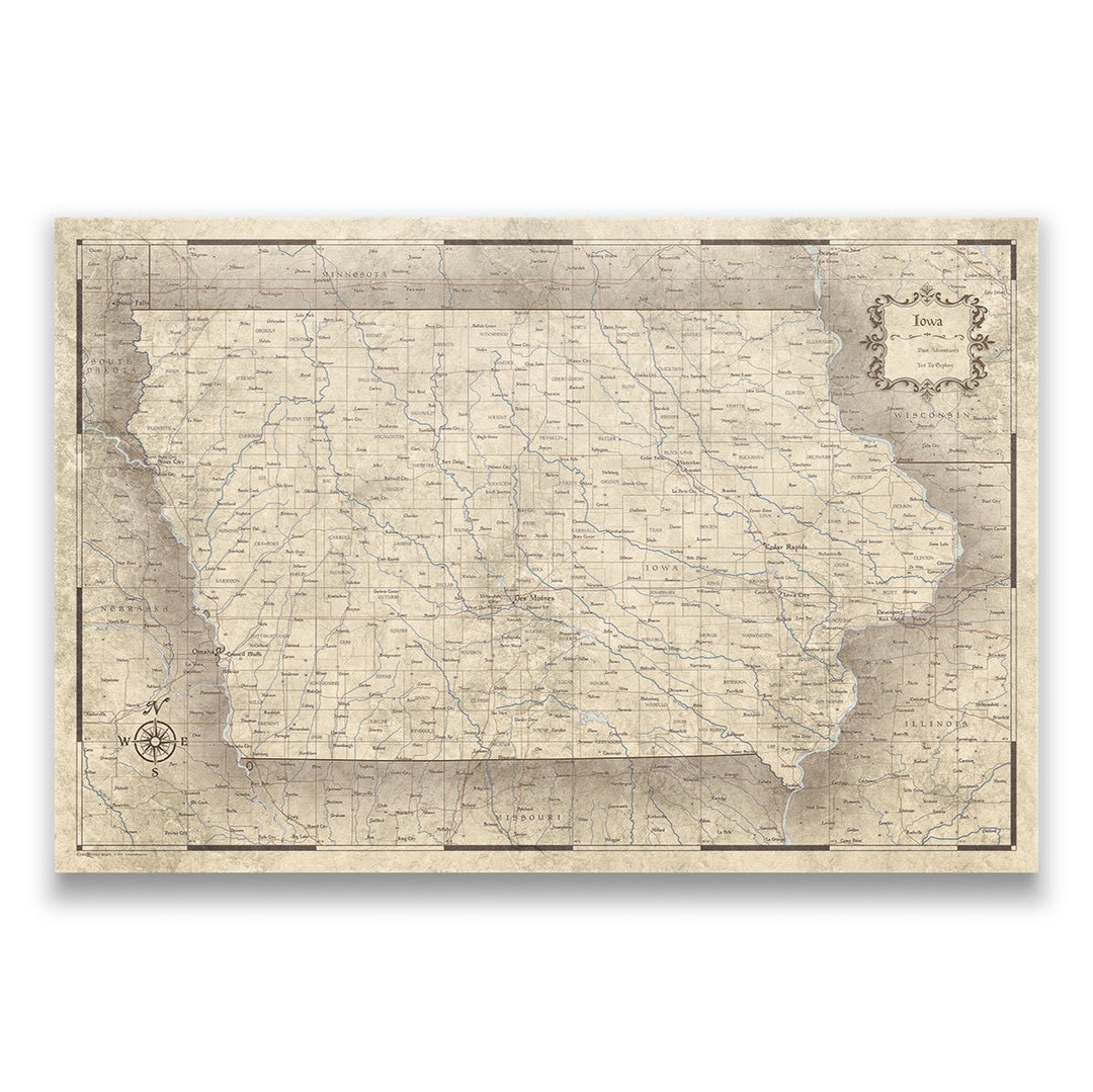 Iowa Travel Push Pin State Map - Rustic Vintage Cork Pin Board Canvas ...