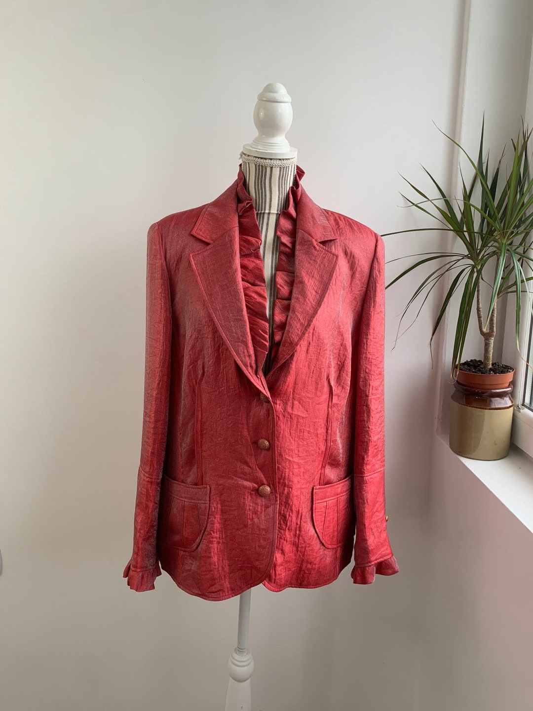 Vintage Raspberry Red Shiny Silky Satin Blazer for Women Size L ...