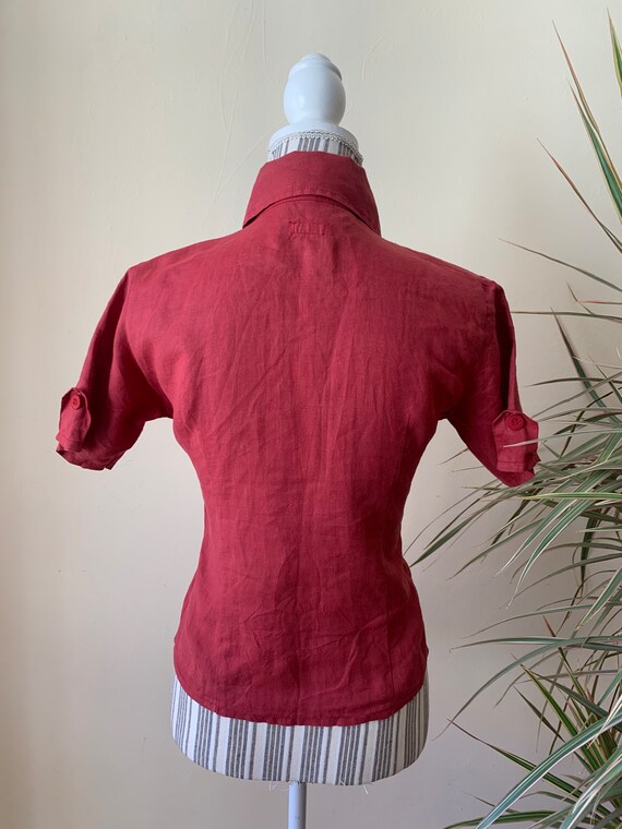 Red Button Down Short Sleeve Linen Shirt for Women, V… - Gem