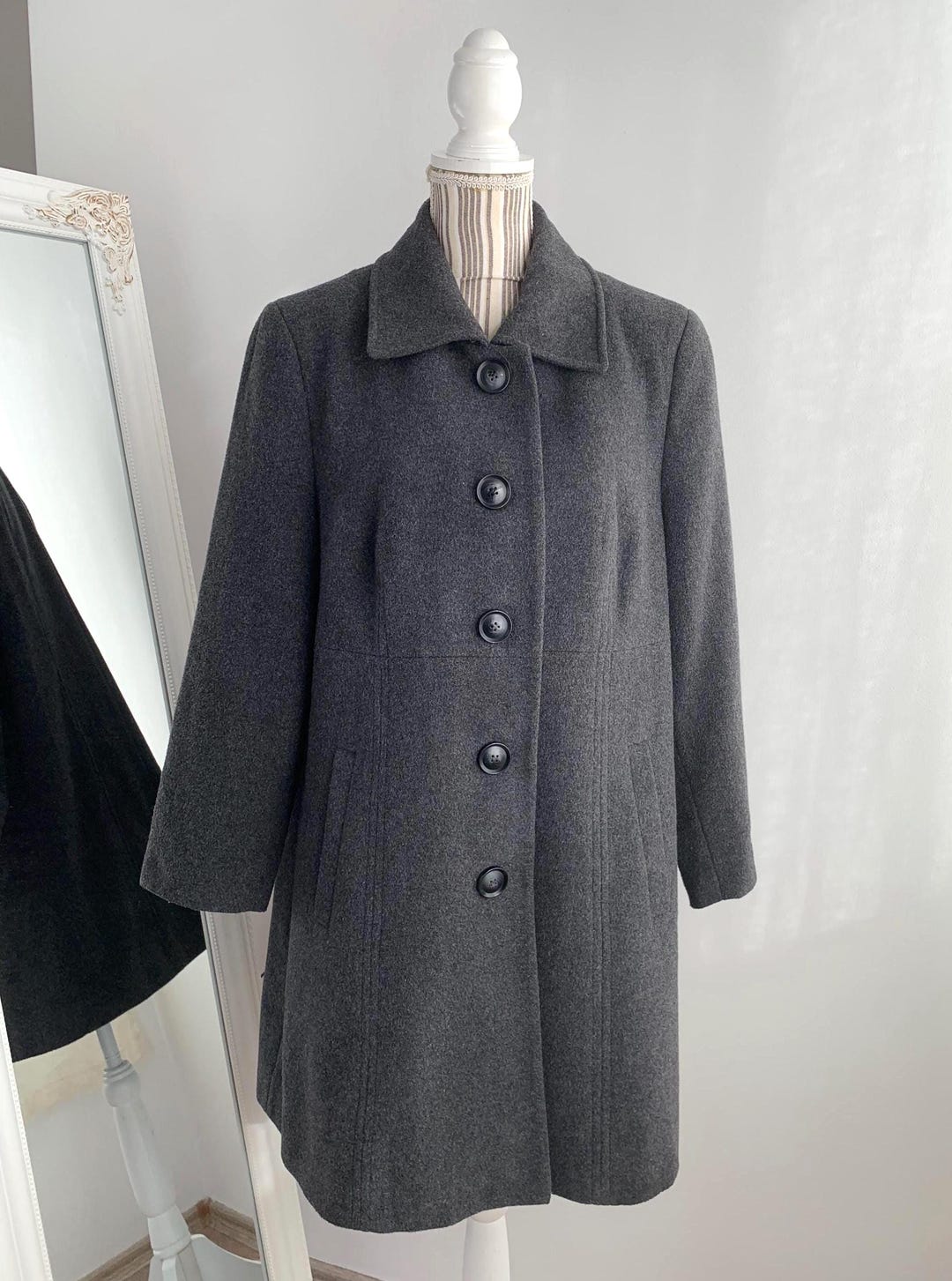 Vintage 90s ATELIER Classic Grey Wool Coat for Women Size XL, Collared ...
