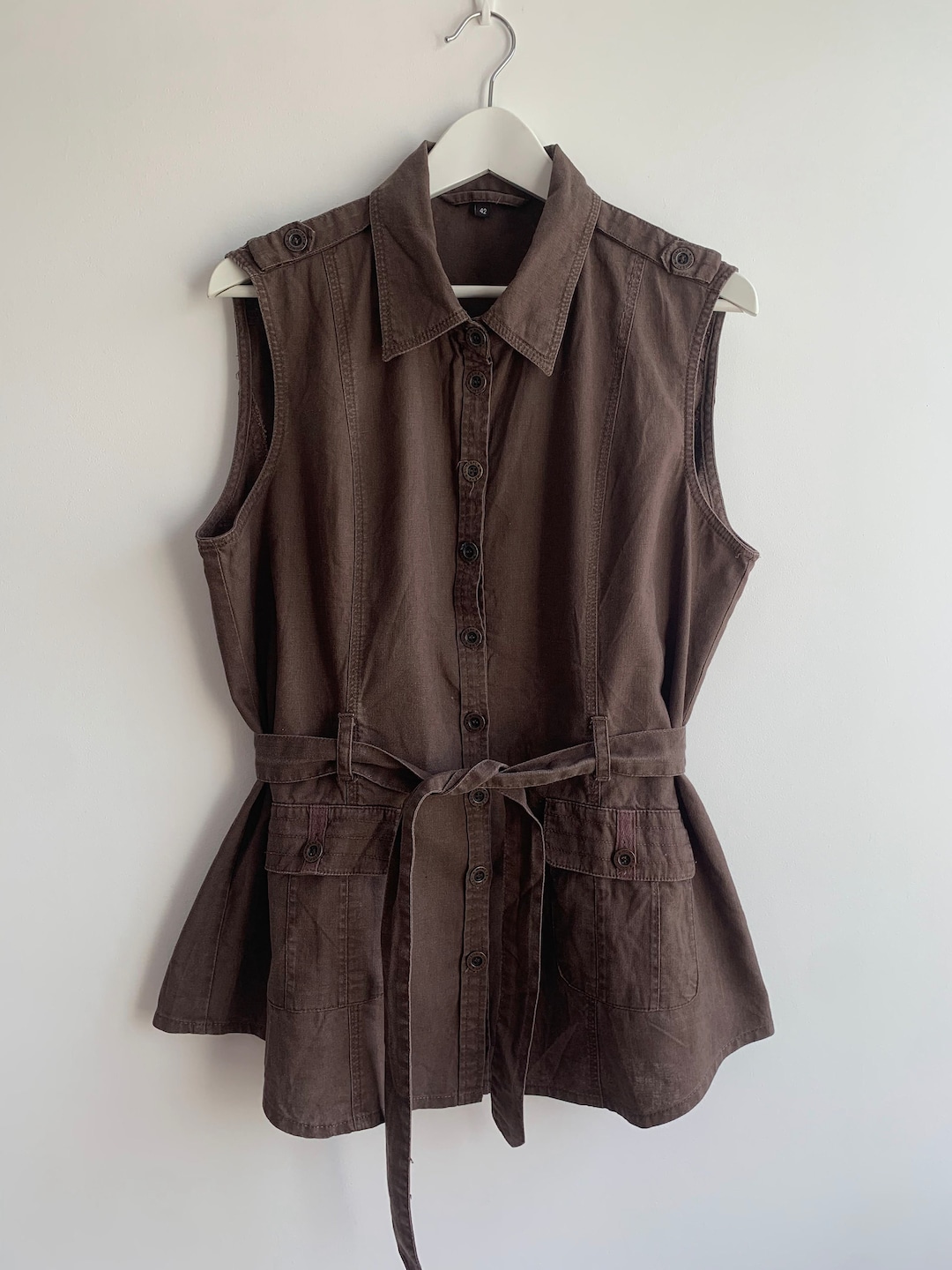 Sleeveless Brown Linen Top for Women Size L, Vintage 90s Belted ...