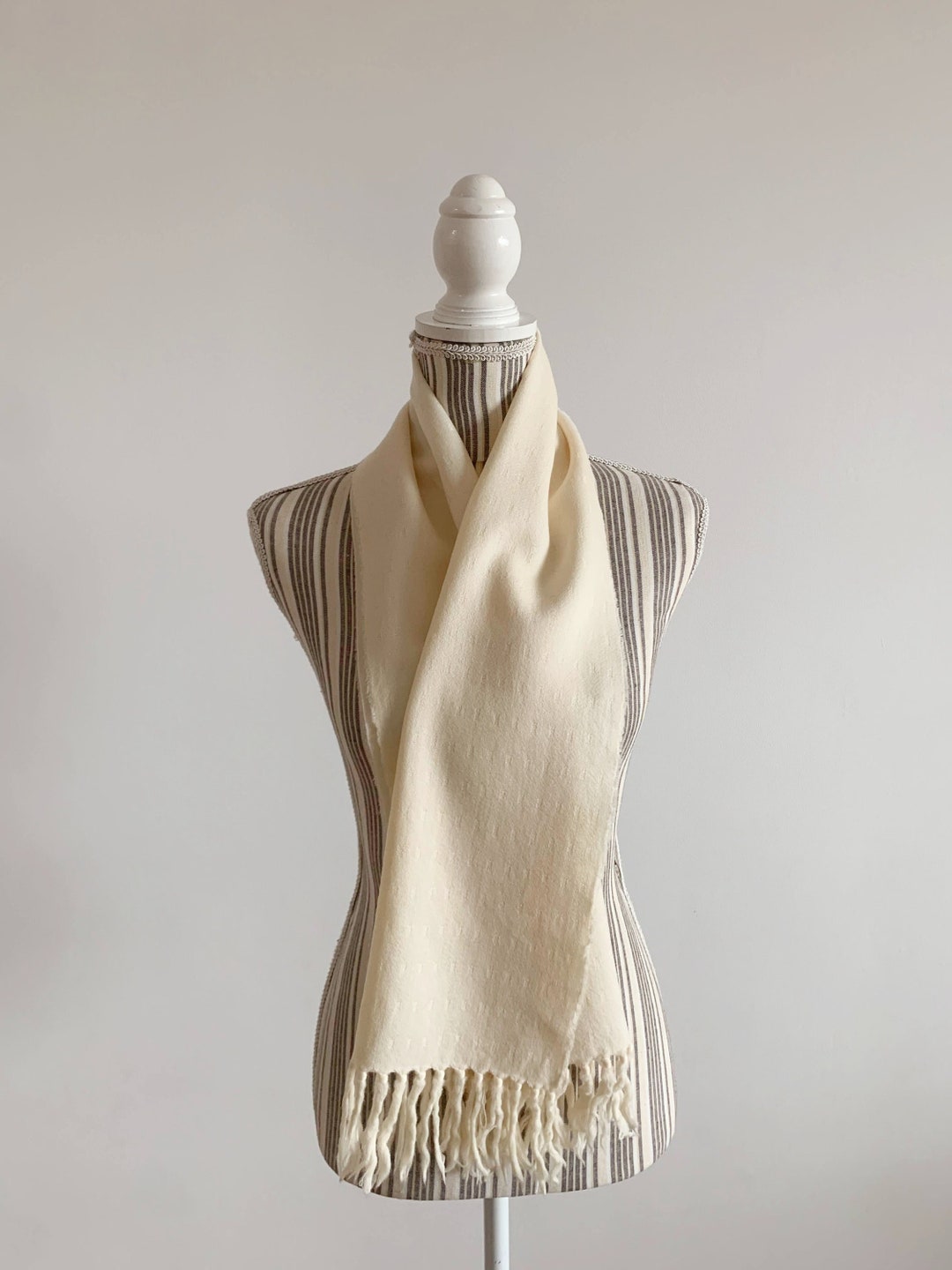 Vintage 80s Cream Beige Pure Wool Neck Scarf, off White Fringed Warm ...