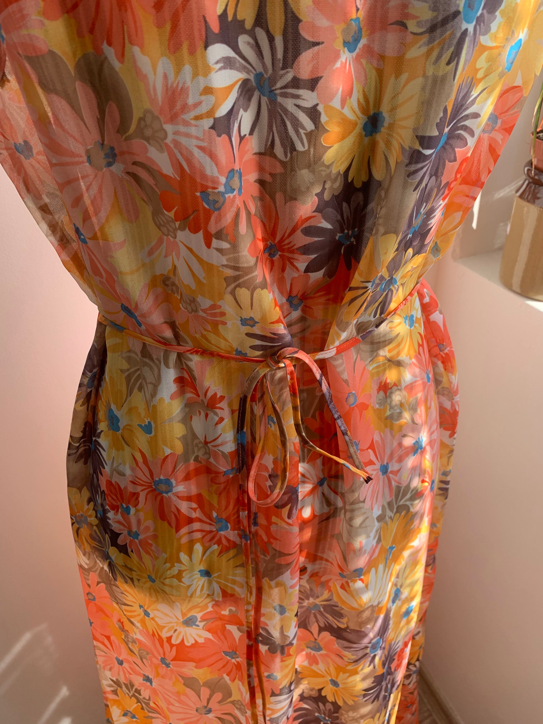 Vintage 70s Psychedelic Floral Maxi Dress, Sheer Long Vintage 70s Psychedelic Floral Maxi Dress, Sheer Long