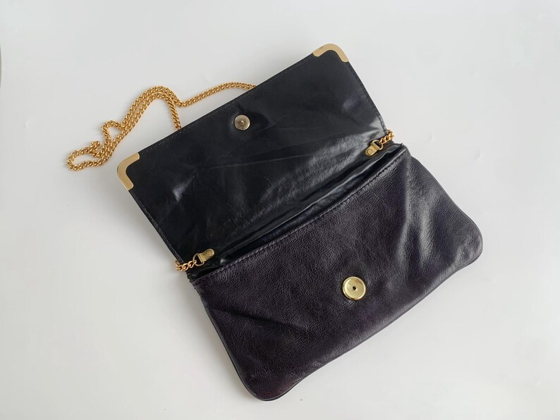 Vintage Black Leather Bag With Golden Chain Strap, Genuine Leather ...