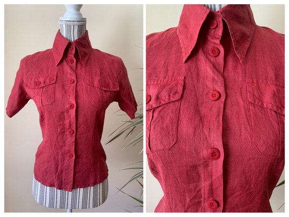 Red Button Down Short Sleeve Linen Shirt for Women, V… - Gem