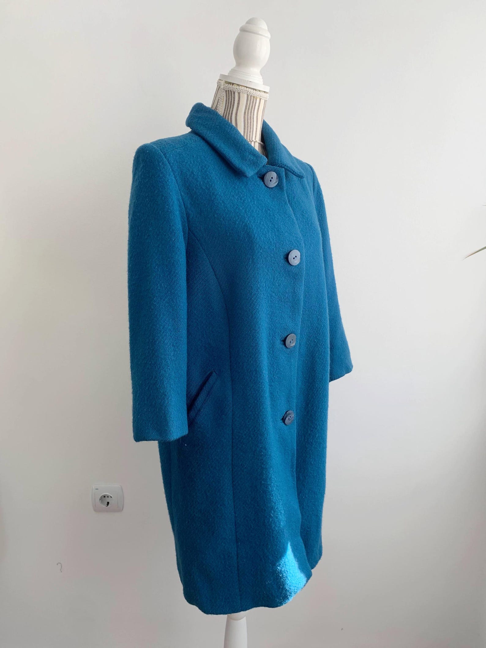 Vintage 60s 70s Turquoise Blue Wool Coat Size S M, Collared Woollen ...