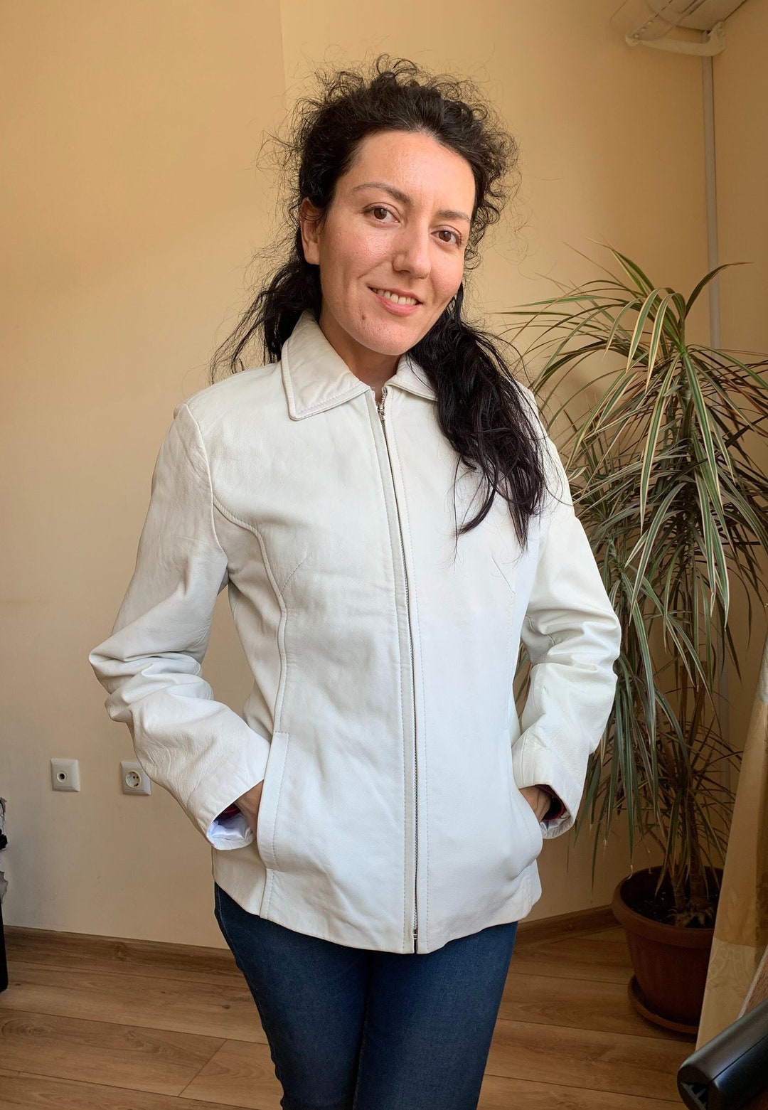 Vintage White Leather Jacket for Women Size M, 90s Gianfranco Ferre Collared Leather Jacket ...