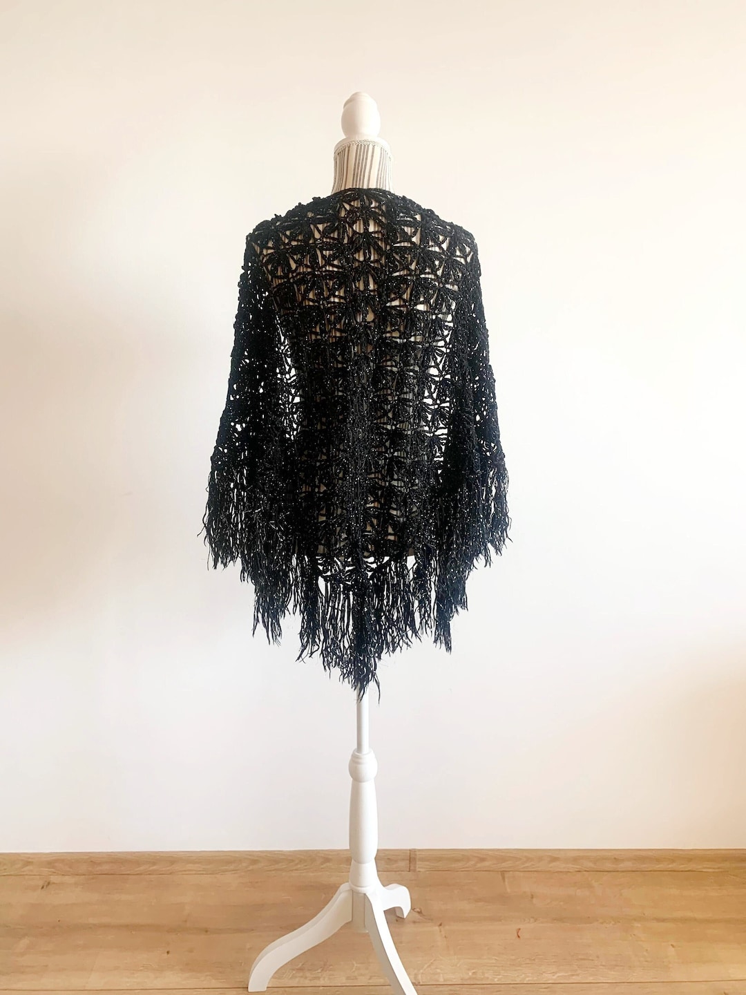 Black Crochet Lace Shawl With Tassels, Vintage Knit Lace Piano Shawl ...