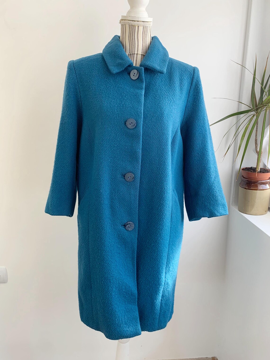 Vintage 60s 70s Turquoise Blue Wool Coat Size S M, Collared Woollen ...