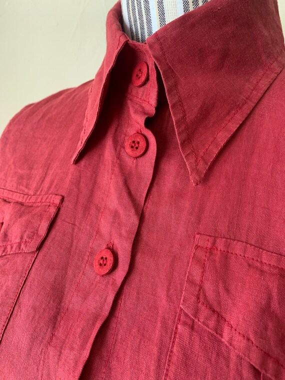Red Button Down Short Sleeve Linen Shirt for Women, V… - Gem