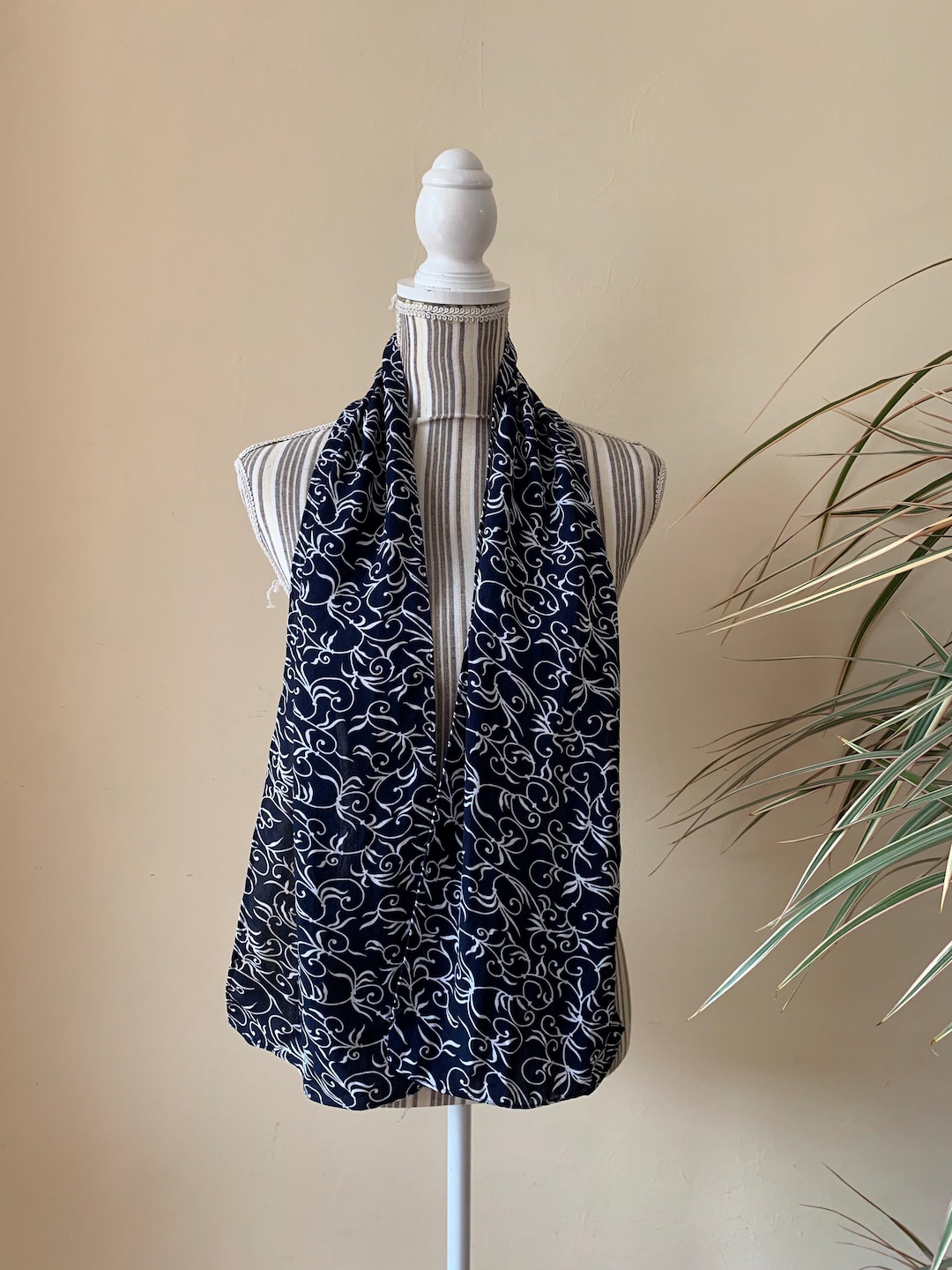 Vintage 90s Navy Blue Neck Scarf With White Floral Elements, Light Semi ...