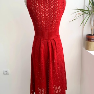 Vintage Knitted Red Wool A-line Midi Dress Size S, Feminine Wool ...