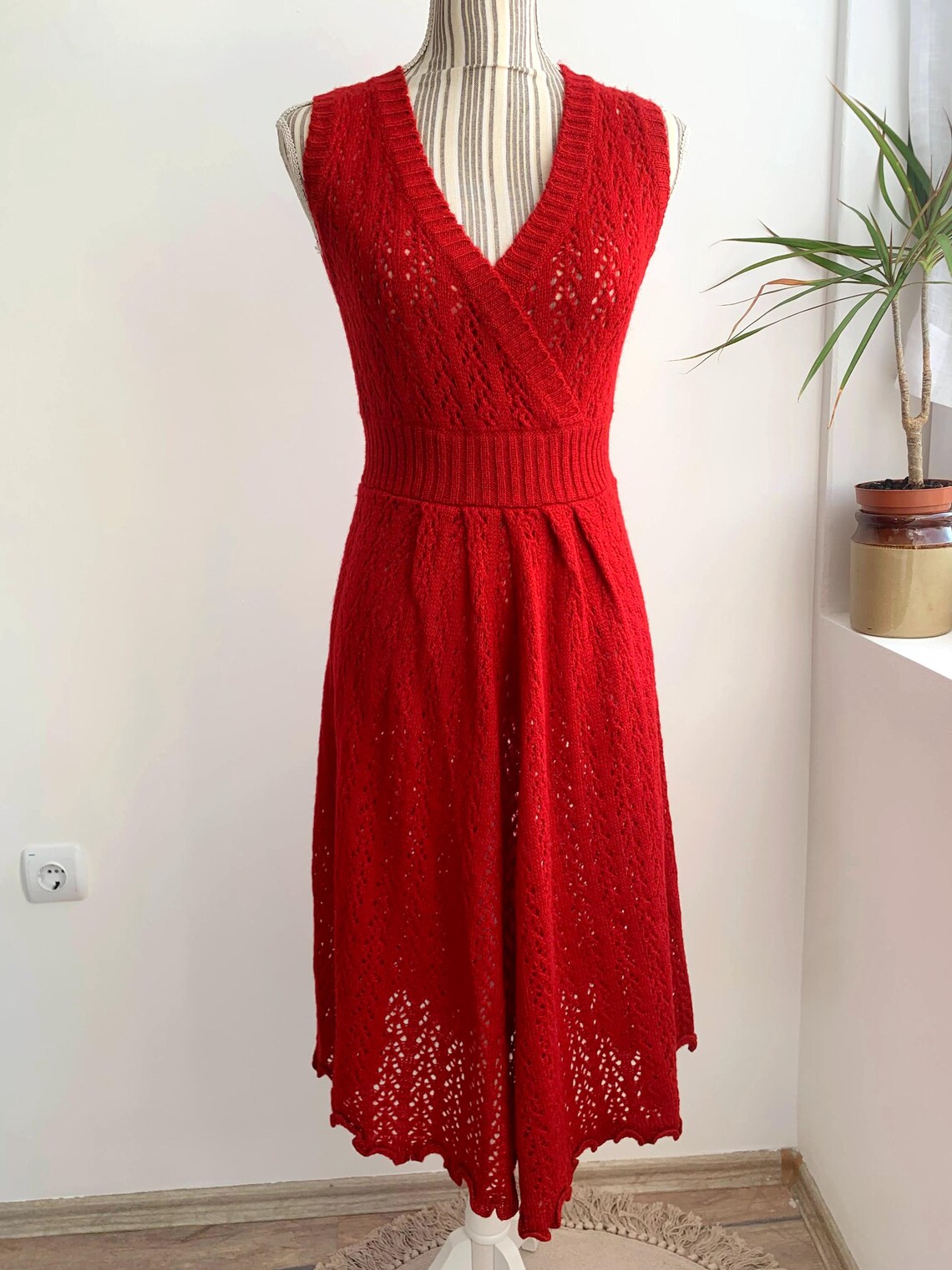 Vintage Knitted Red Wool A-line Midi Dress Size S, Feminine Wool ...