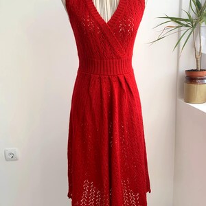Vintage Knitted Red Wool A-line Midi Dress Size S, Feminine Wool ...