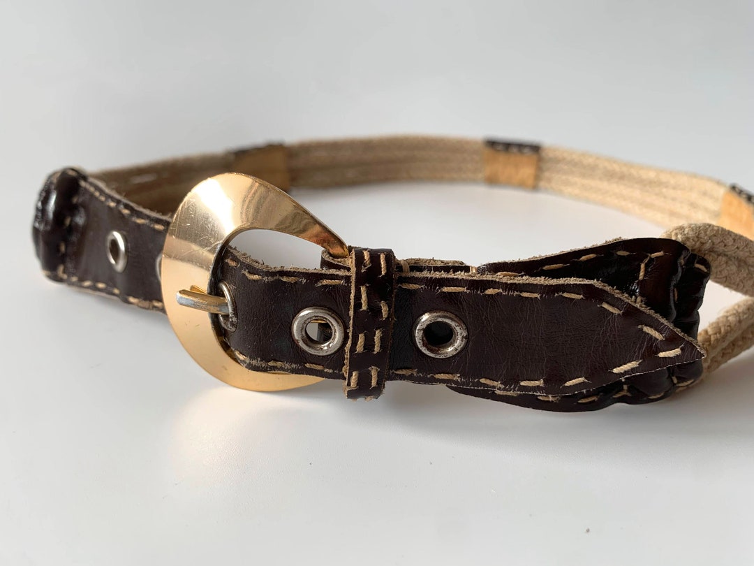 Vintage Boho Rope Belt, Brown Leather Waist Belt, Gold Tone Buckle Belt ...