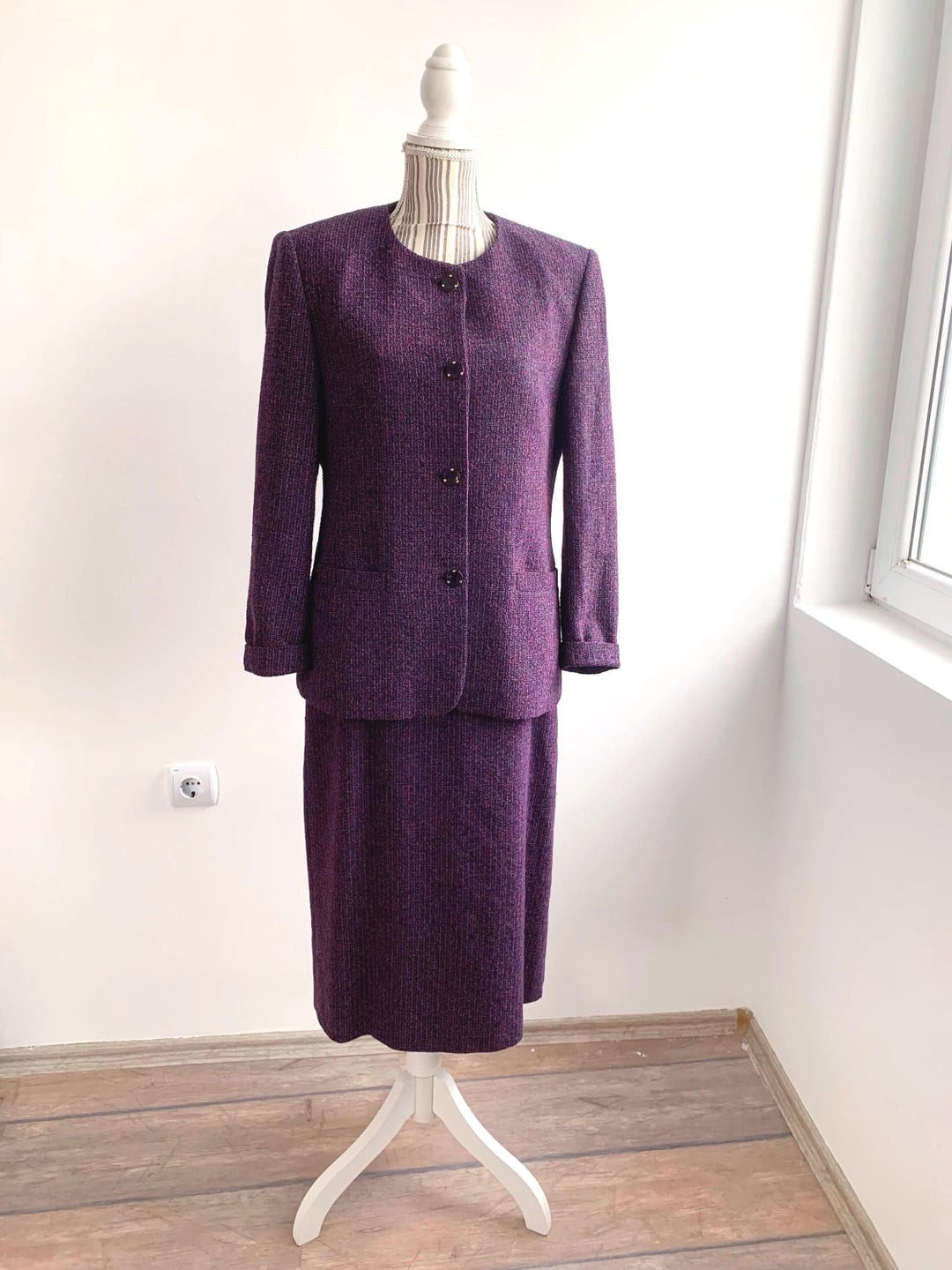 Vintage Purple Wool Tweed Skirt Suit Size L, 90s German Two Piece Set ...