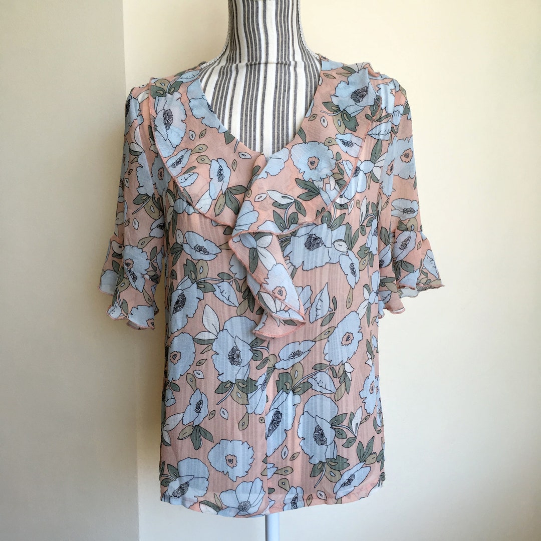 Floral Ruffle Neck Vintage 90s Sheer Top in Peachy Pink and Light Blue ...