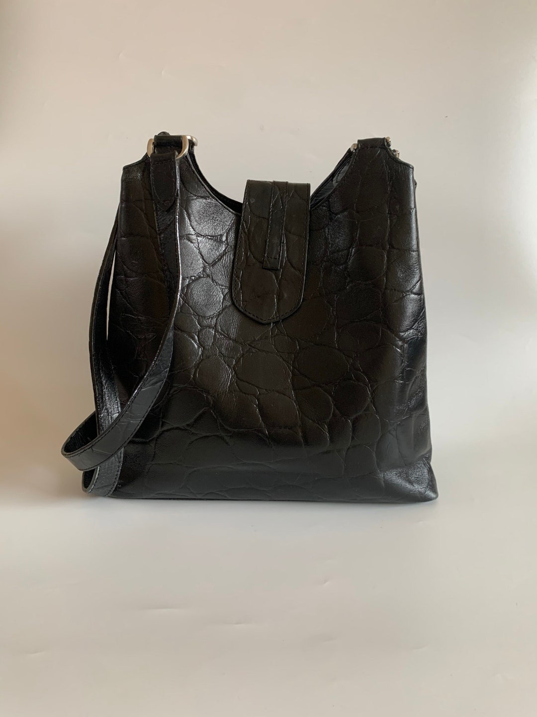 Vintage Black Leather Tote Bag, Open Top Vertical Tote, Genuine Leather ...