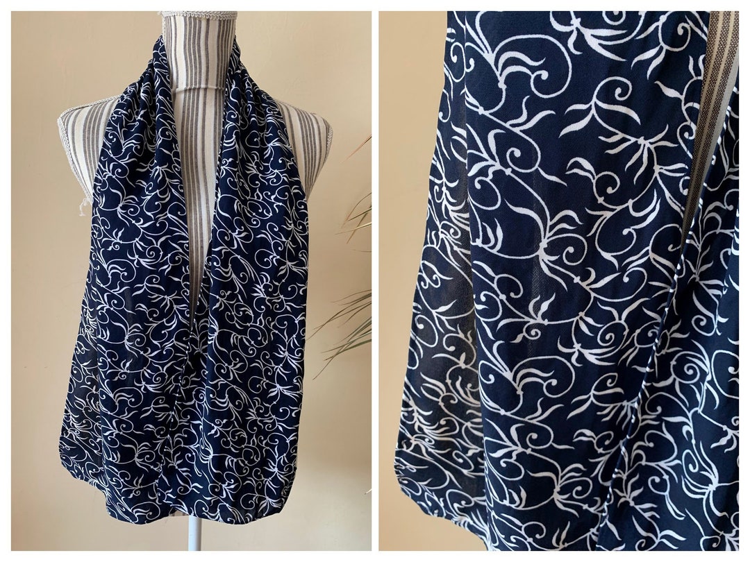 Vintage 90s Navy Blue Neck Scarf With White Floral Elements, Light Semi ...