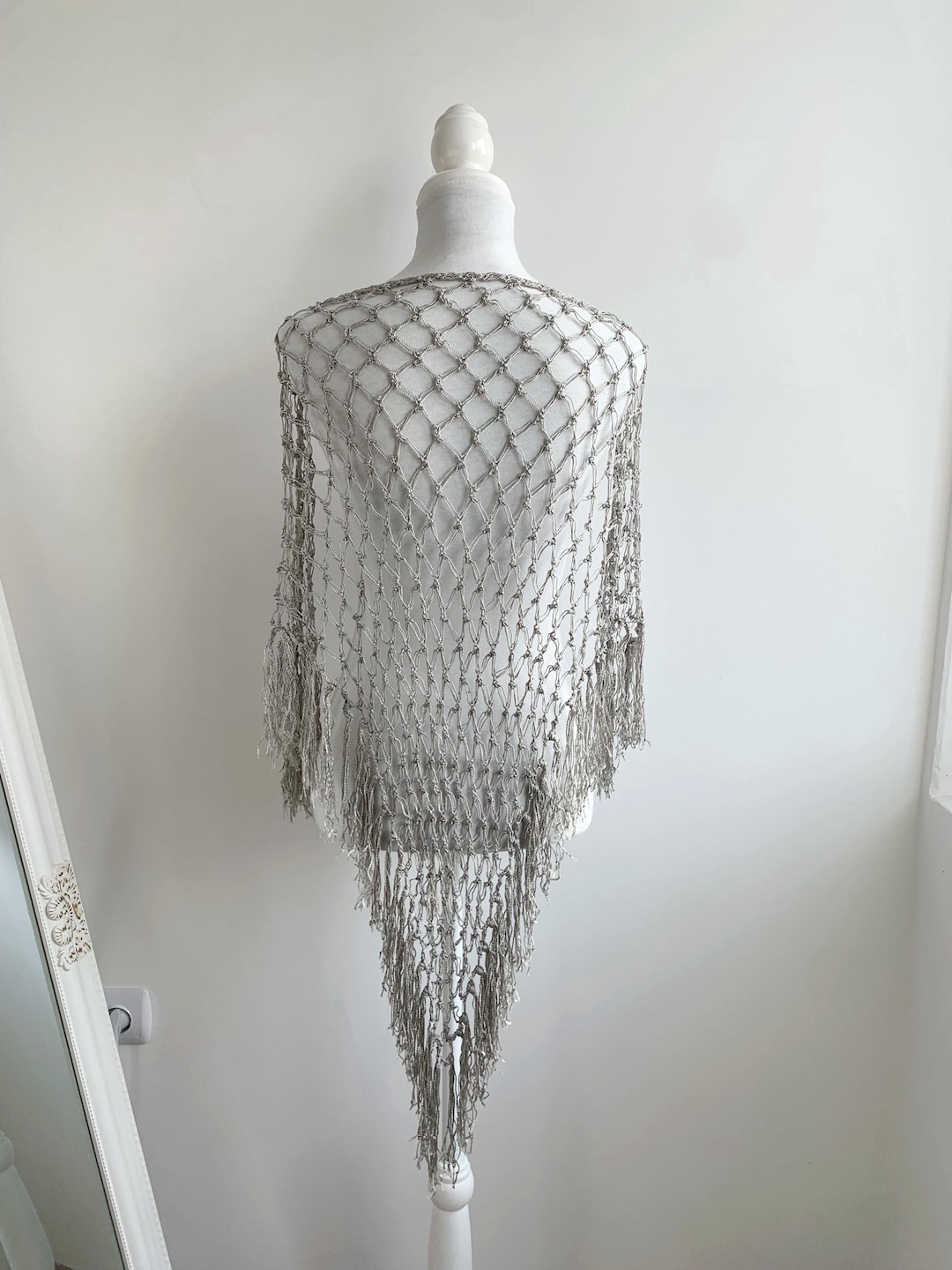 Mesh Silver Grey Lace Crochet Shawl With Tassels, 20's Style Evening ...