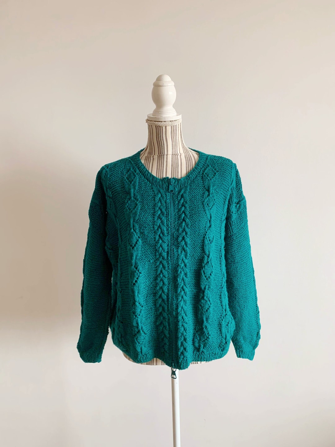 Vintage Emerald Green Cable Knit Cardigan Size L XL, Turquoise Blue ...