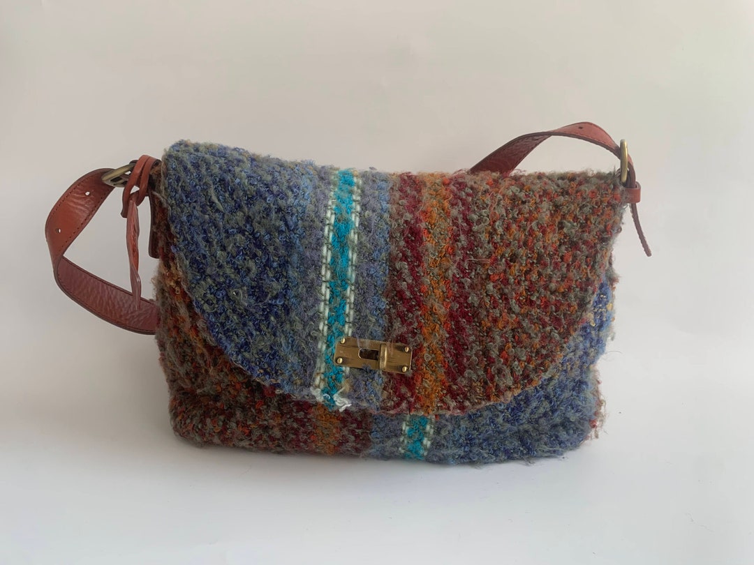 Vintage 90s Curly Fabric Small Hobo Bag, Denim Blue Rust Brown Fluffy ...