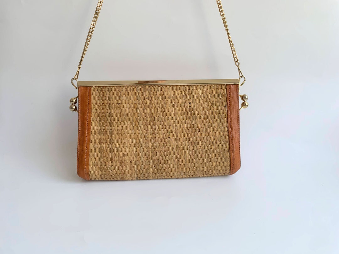 Straw Summer Bag, Vintage 70s Natural Wicker Clutch Bag for Women, Gold ...