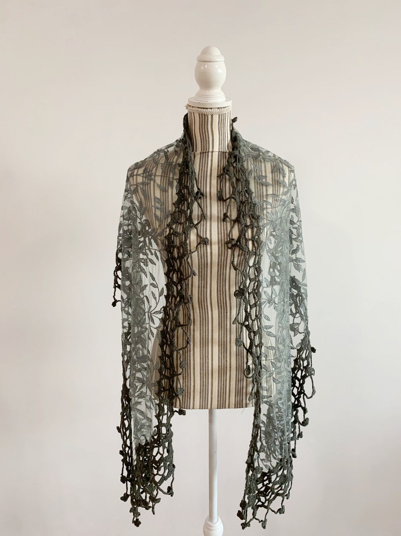 Sheer Art Deco Silver Grey Lace Scarf for Women, Embroidered Leaves ...