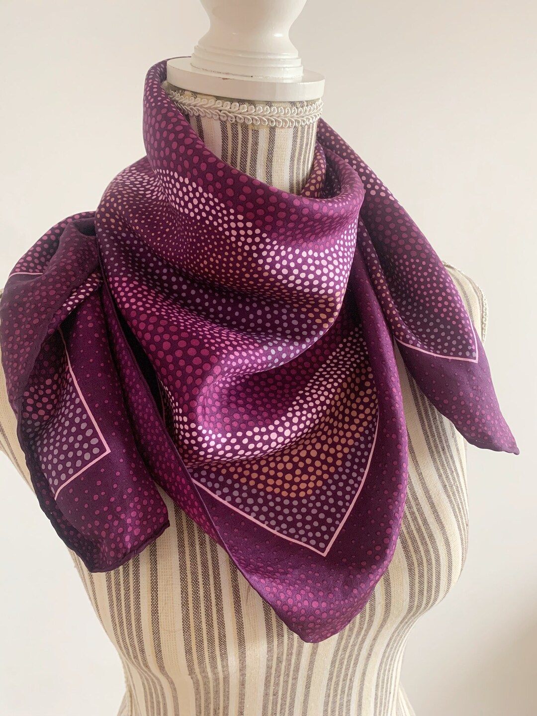 Vintage Purple Silk Scarf, Polkadot Square Silk Neck Scarf With Weaves ...