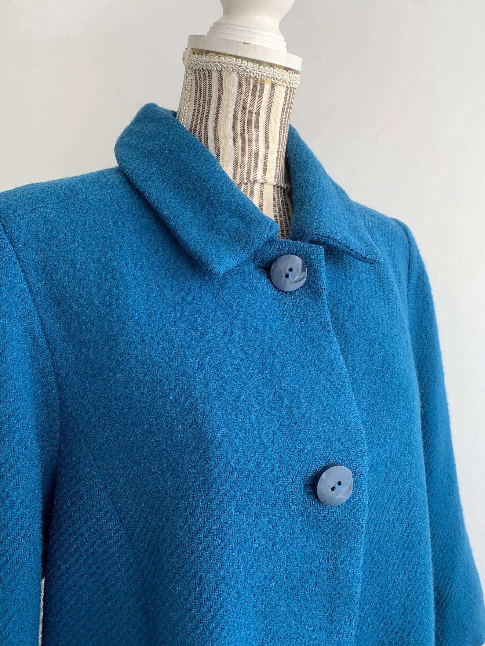 Vintage 60s 70s Turquoise Blue Wool Coat Size S M, Collared Woollen ...